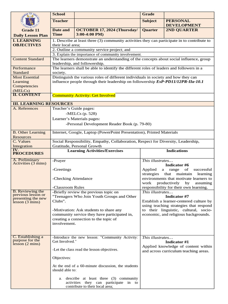 DLP - Perdev - 10-17-24 - Community Activity | PDF | Learning | Teachers