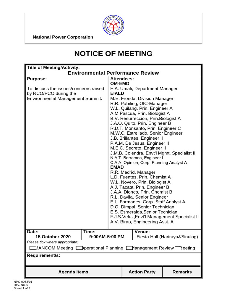 Notice of Meeting Performance Review 15oct2020 | PDF