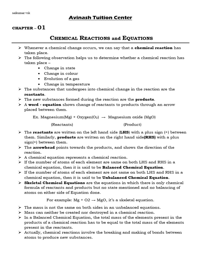 10th Physics - Ch01 - Important Points | PDF | Chemical Reactions | Redox