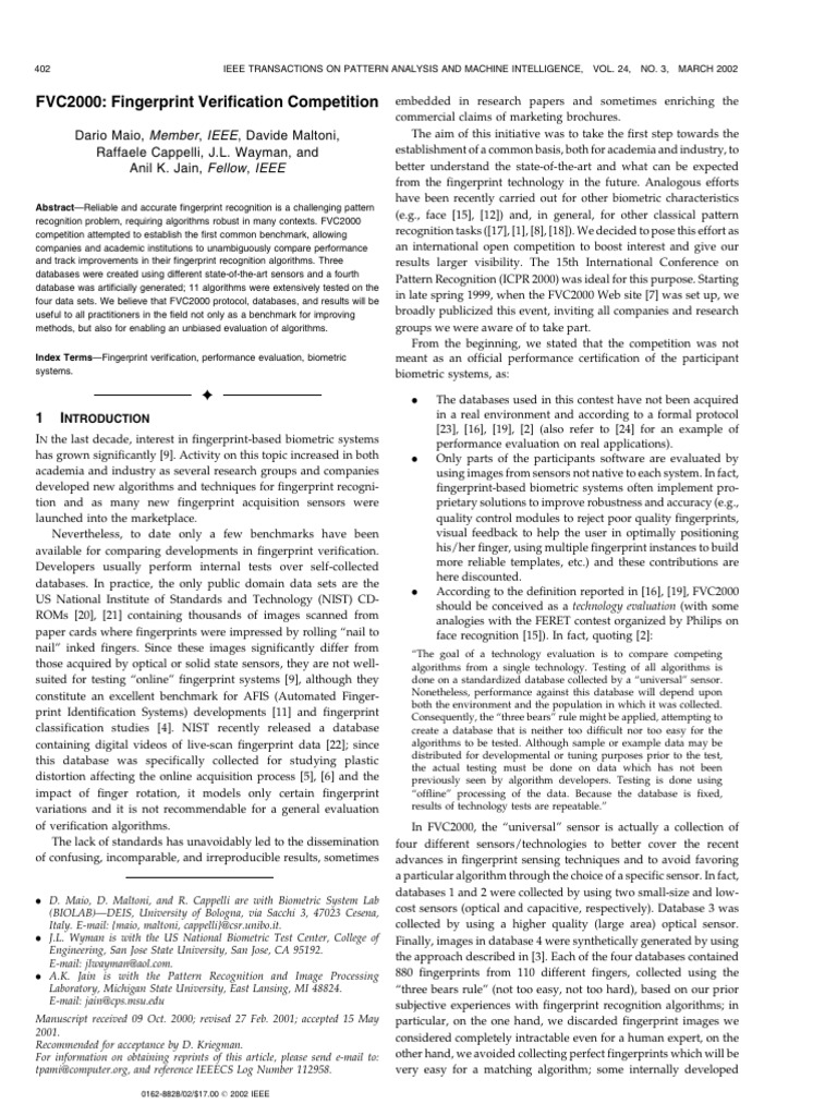 2002 - FVC2000 - Fingerprint Verification Competition - Maio Et Al ...