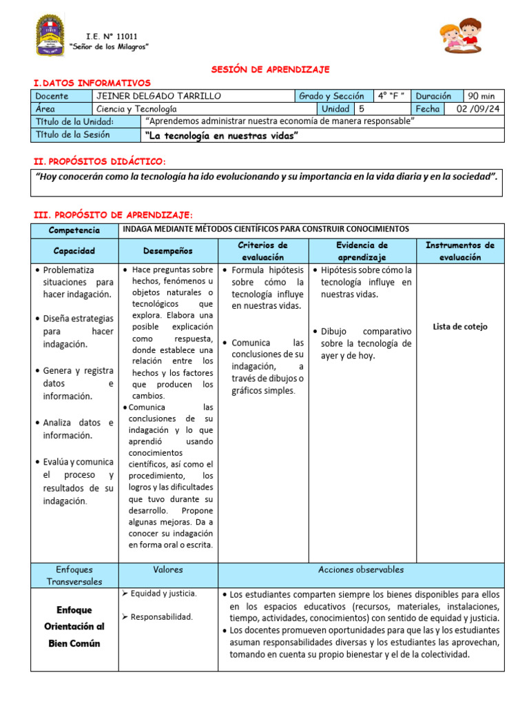 Sesión La Tecnología en Nuestras Vidas. 4 | PDF | Aprendizaje | Evaluación
