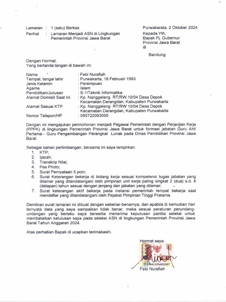 Surat Lamaran PPPK-Febi | PDF