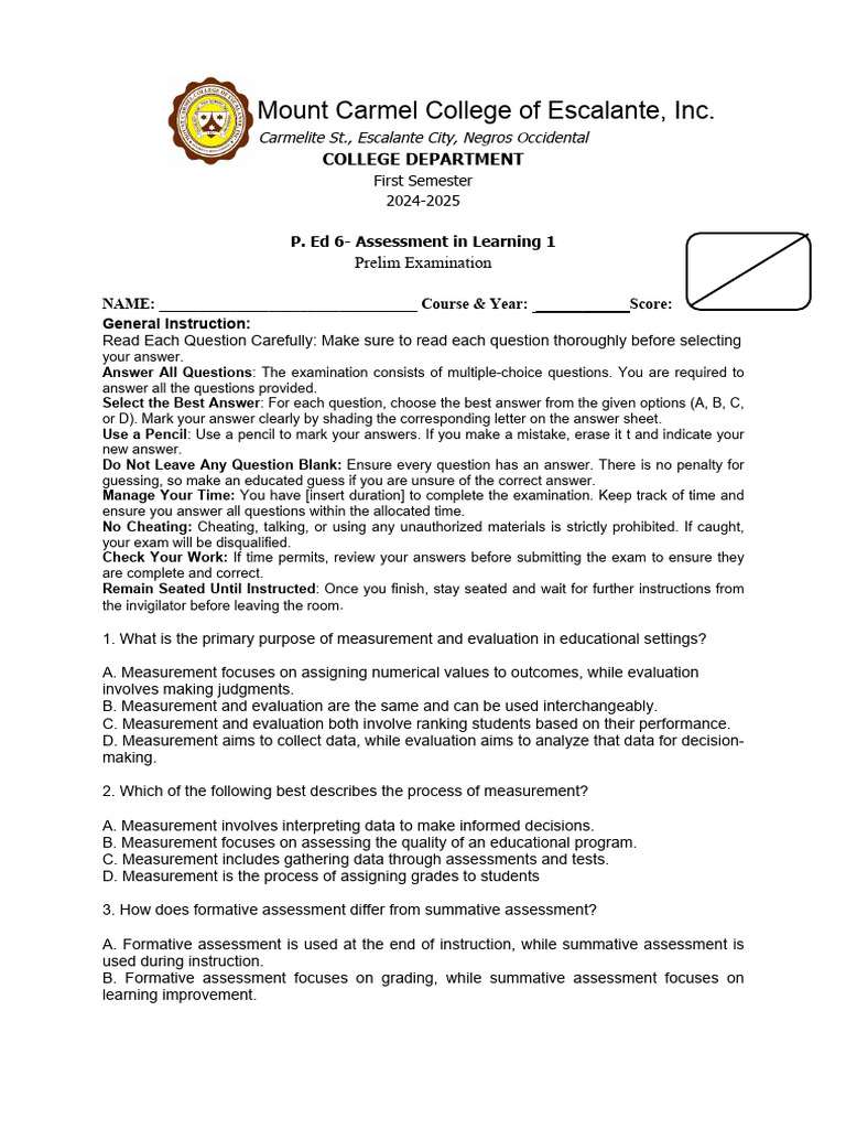 Prelim 2024 25 | PDF | Educational Assessment | Learning