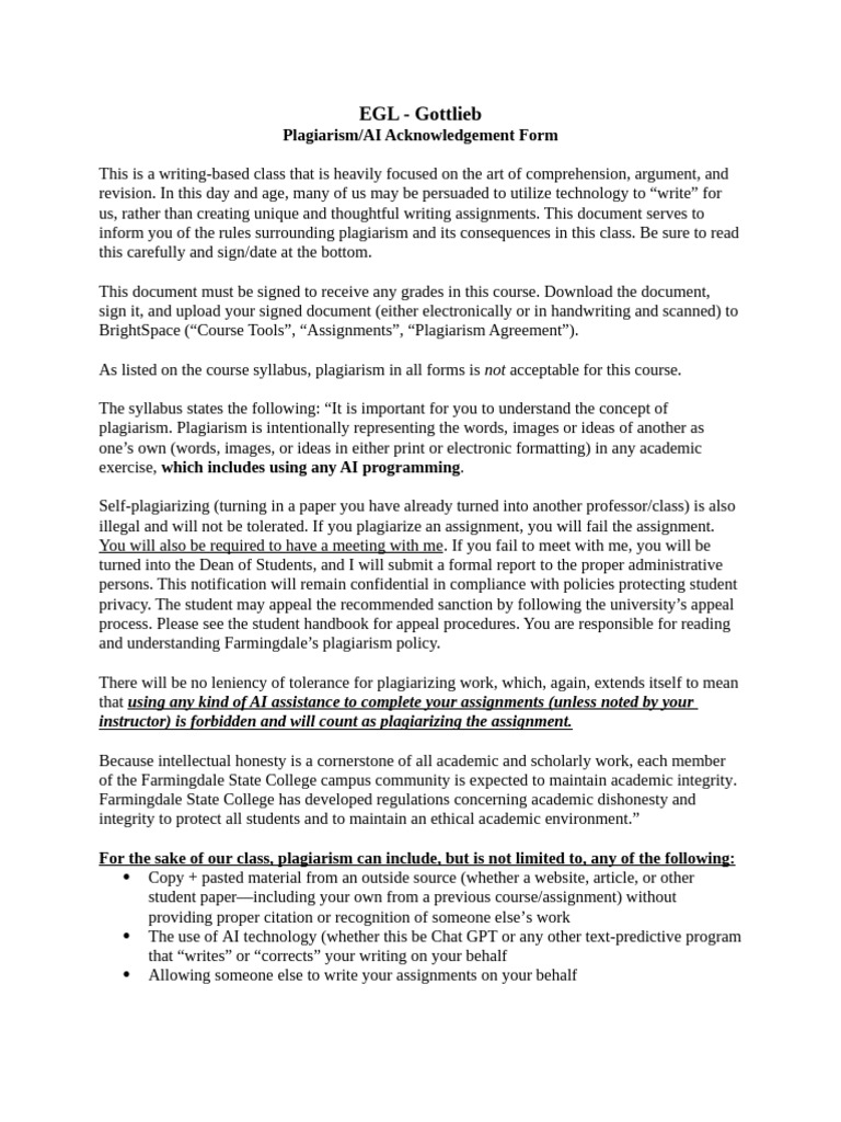 EGL Plagiarism AI Acknowledgement Form 2 | PDF | Plagiarism | Academic Integrity