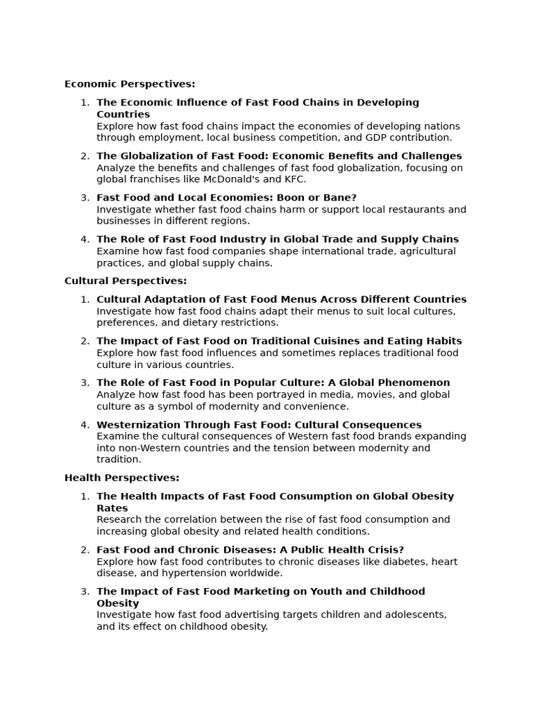 RESEARCH TOPICS - Global Impact On Fast Food | PDF | Fast Food | Obesity RESEARCH TOPICS - Global Impact On Fast Food | PDF | Fast Food | Obesity