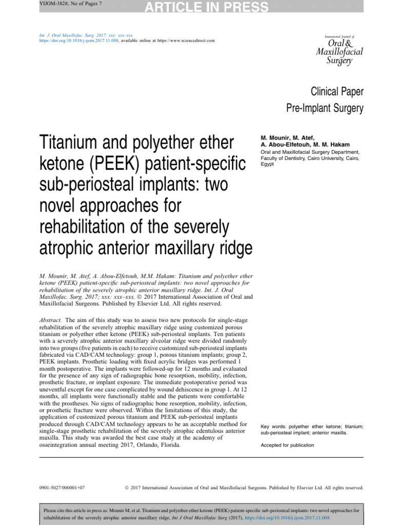 Titanium and Polyether Ether Ketone (PEEK) Patient-Specific Sub-Periosteal Implants | PDF ...