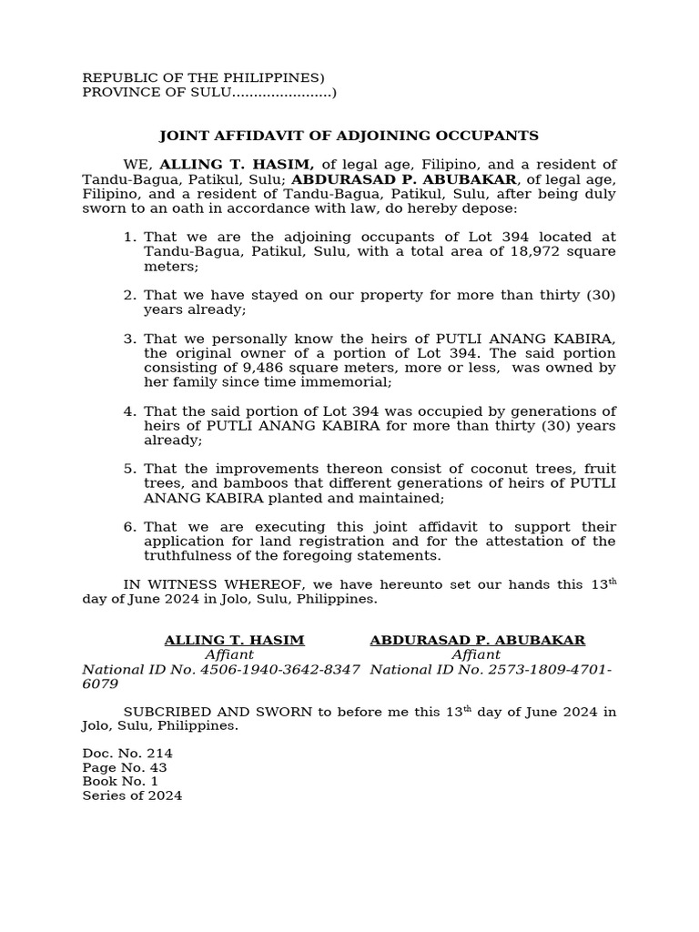 Affidavit of Adjoining Occupants | PDF