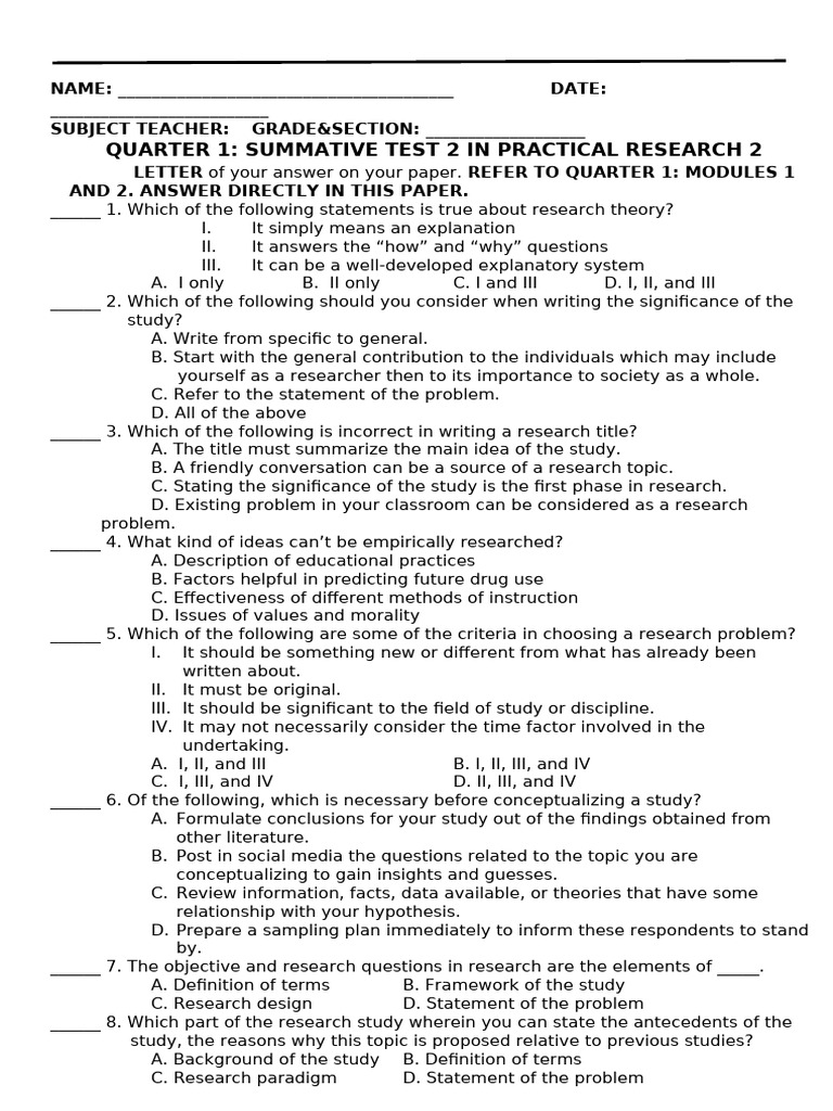 Practical Research 2 Summative Test Guide | PDF | Cognition | Methodology