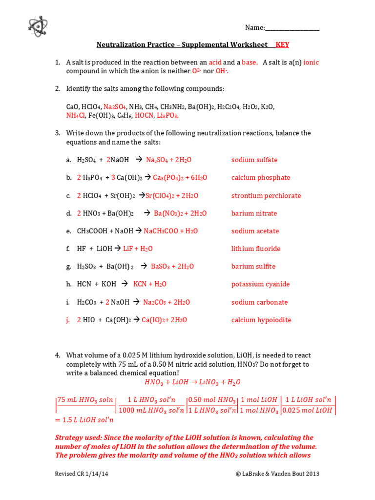 Chemistry Neutralization Worksheet | PDF | Hydroxide | Sodium Hydroxide