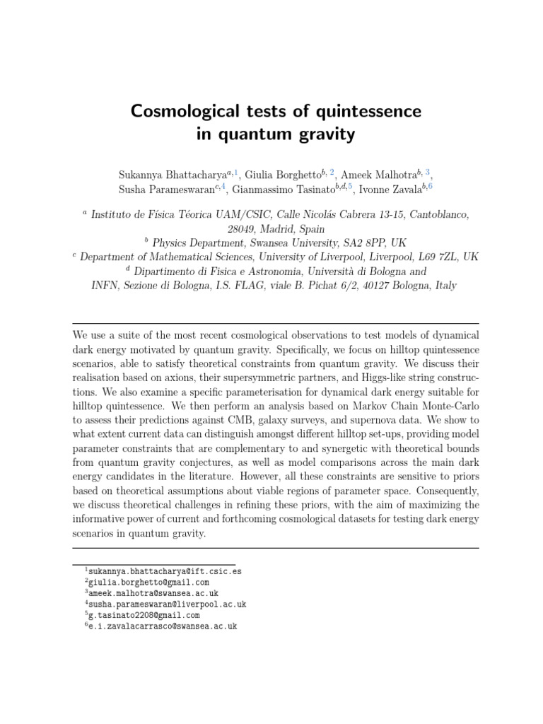 Cosmological Tests of Quintessence in Quantum Gravity: A, B, B, C, B, D ...