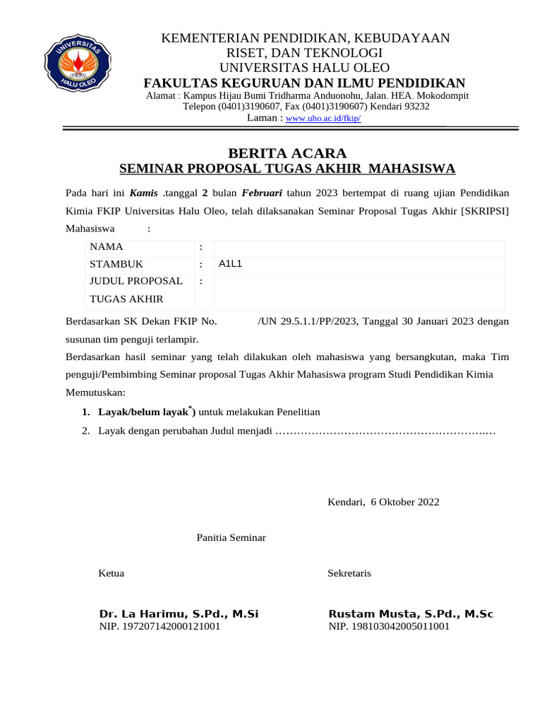 Template BERITA ACARA SEMINAR PROPOSAL | PDF