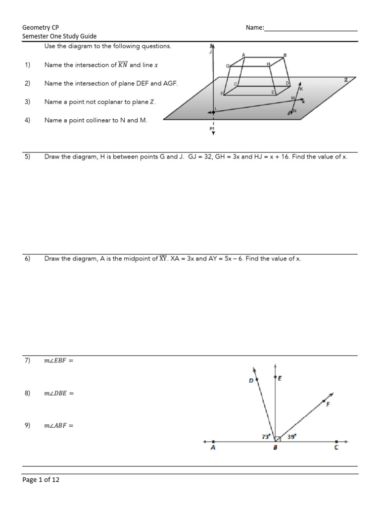 Geometry CP Semester One Study Guide | PDF | Triangle | Area