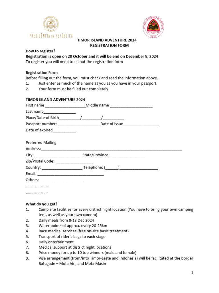Registration Form Timor Island Adventure | PDF