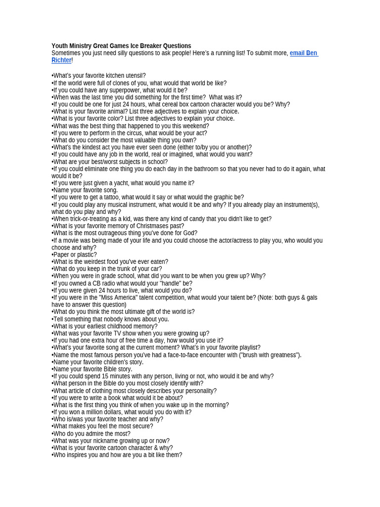Youth Ministry Ice Breaker Questions | PDF