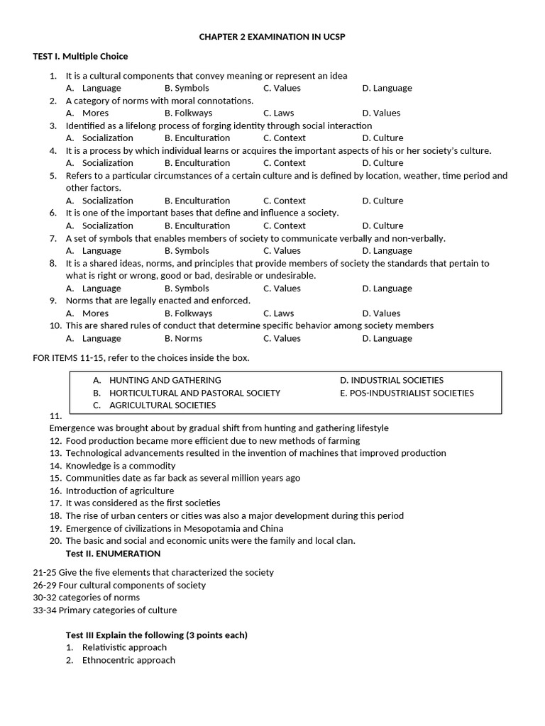 Chapter 2 Exam in Ucsp | PDF | Society | Socialization
