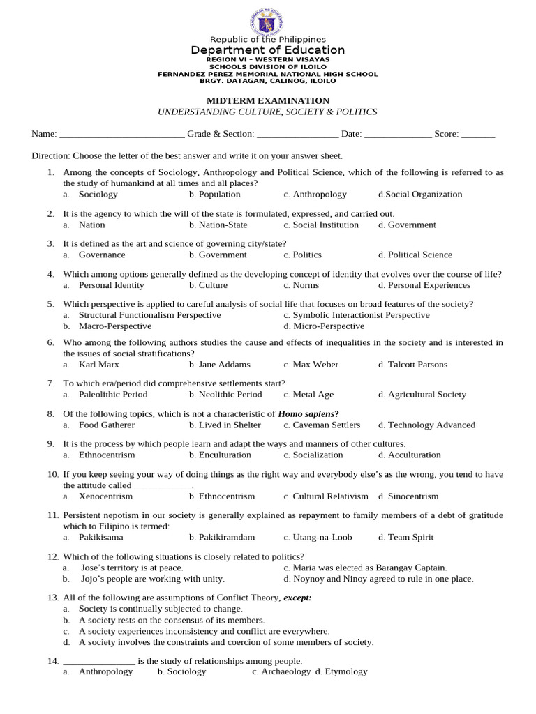 First Quarter Examination | PDF | Sociology | Society