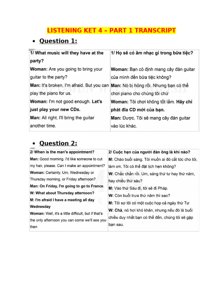 Listening Ket 4 - Test 1 - Part 1 | PDF