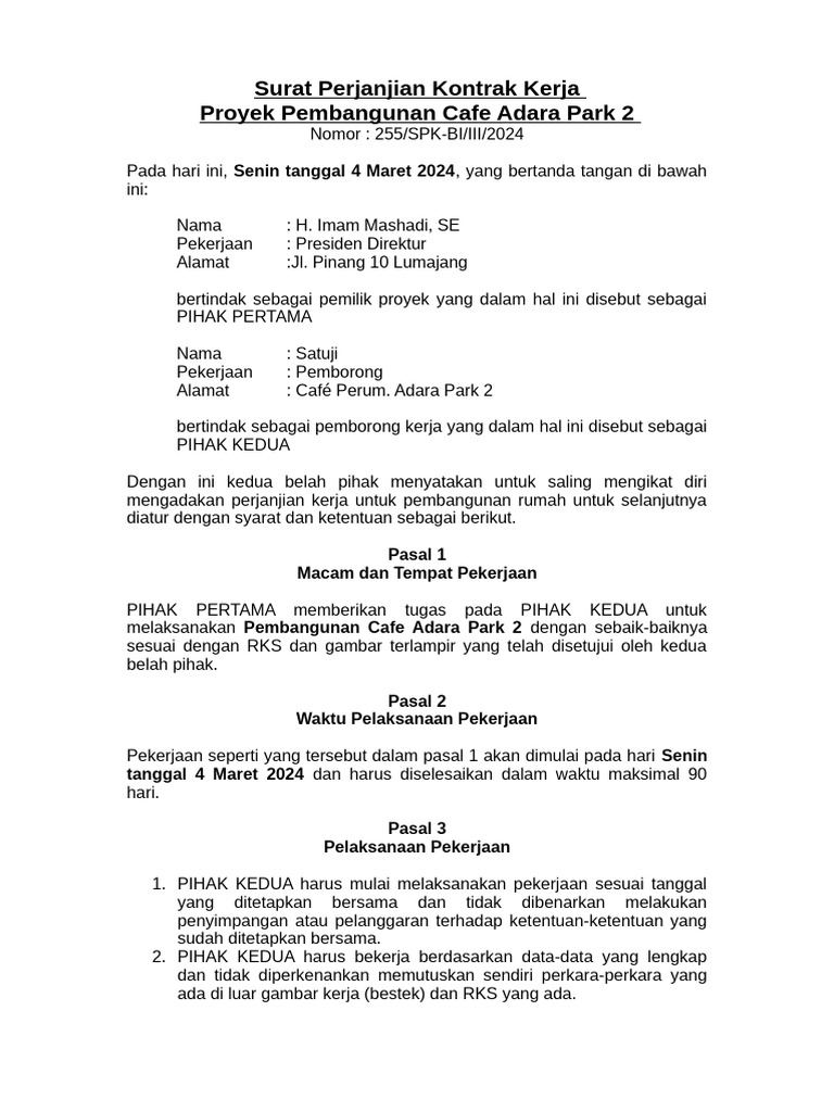 Surat-Perjanjian-Kontrak-Kerja Cafe Adara Park 2 | PDF