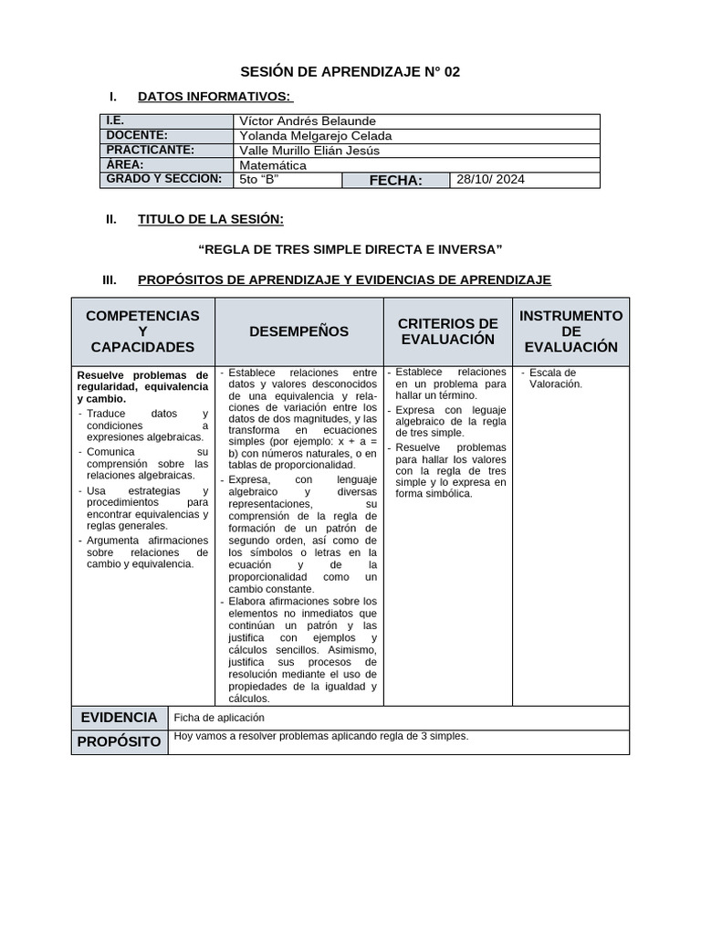 Sesión de Aprendizaje - Regla de 3 Simples Directa o Inversa | PDF ...