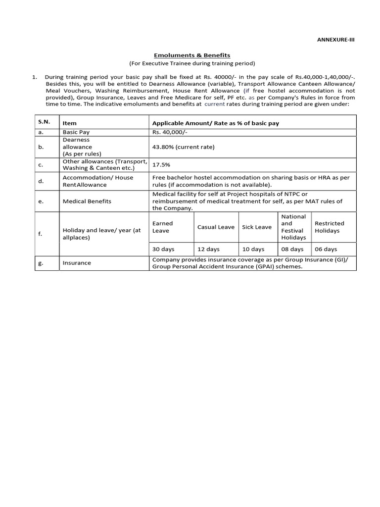 Annexure III - Emoluments & Benefits | PDF | Health Care | Social Programs