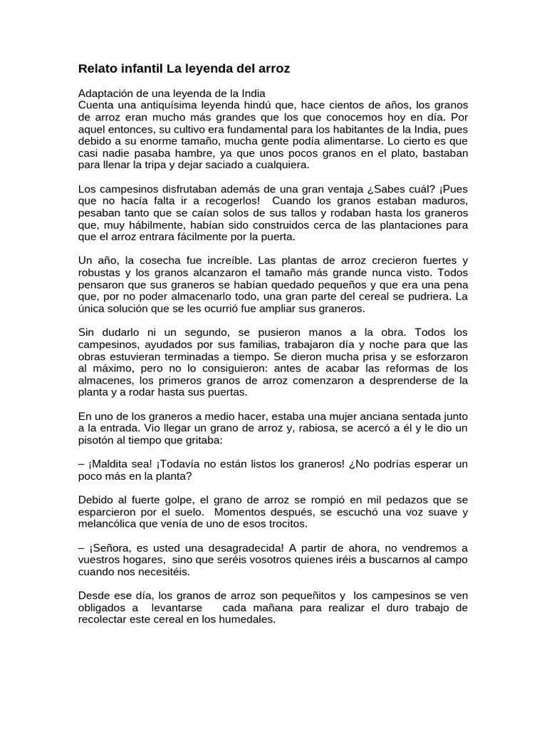 Relato Infantil La Leyenda Del Arroz | PDF | Fábula