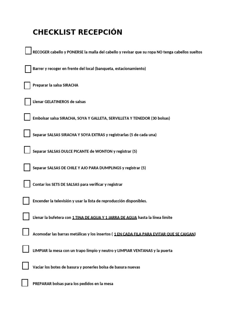 CHECKLIST RECEPCIÓN y Caja Y COCINA ACTUALIZADA | PDF | Salsa | Cocina