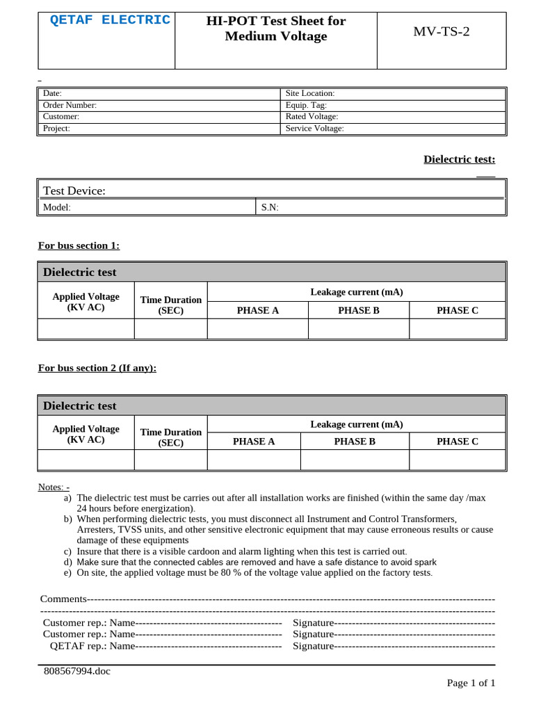 MV-TS-02 Dielectric Test Sheet For Medium Voltage | PDF | Alternating ...