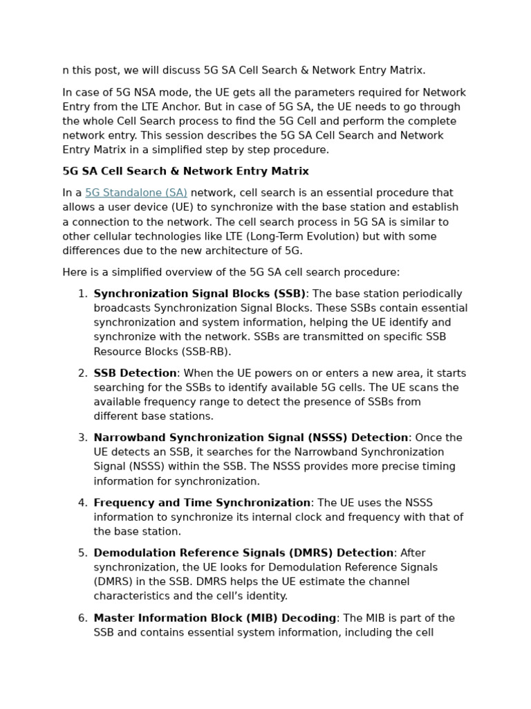 5G SA Cell Search & Network Entry Matrix | PDF | Wireless | Computing