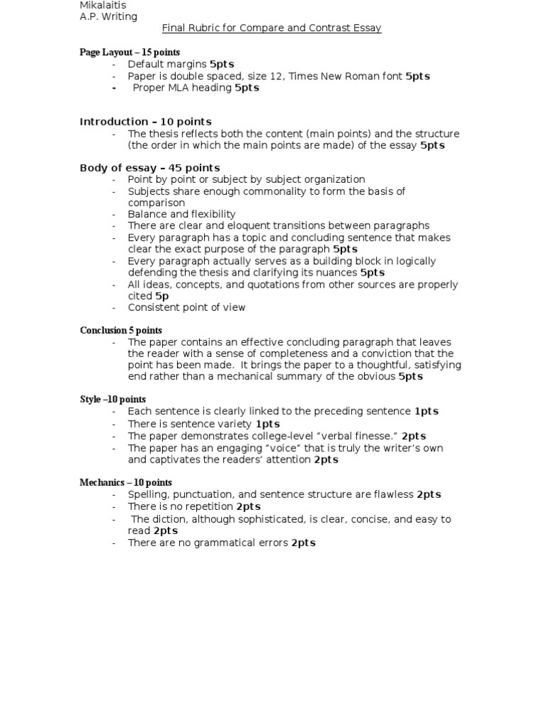 Compare And Contrast Essay Rubric Compare And Contrast Essay Rubric
