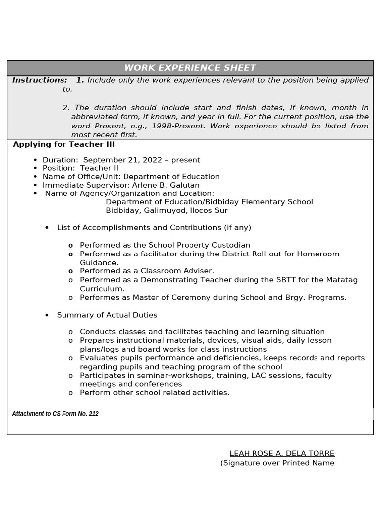 CS Form No. 212 Attachment - Work Experience Sheet | PDF | Career & Growth