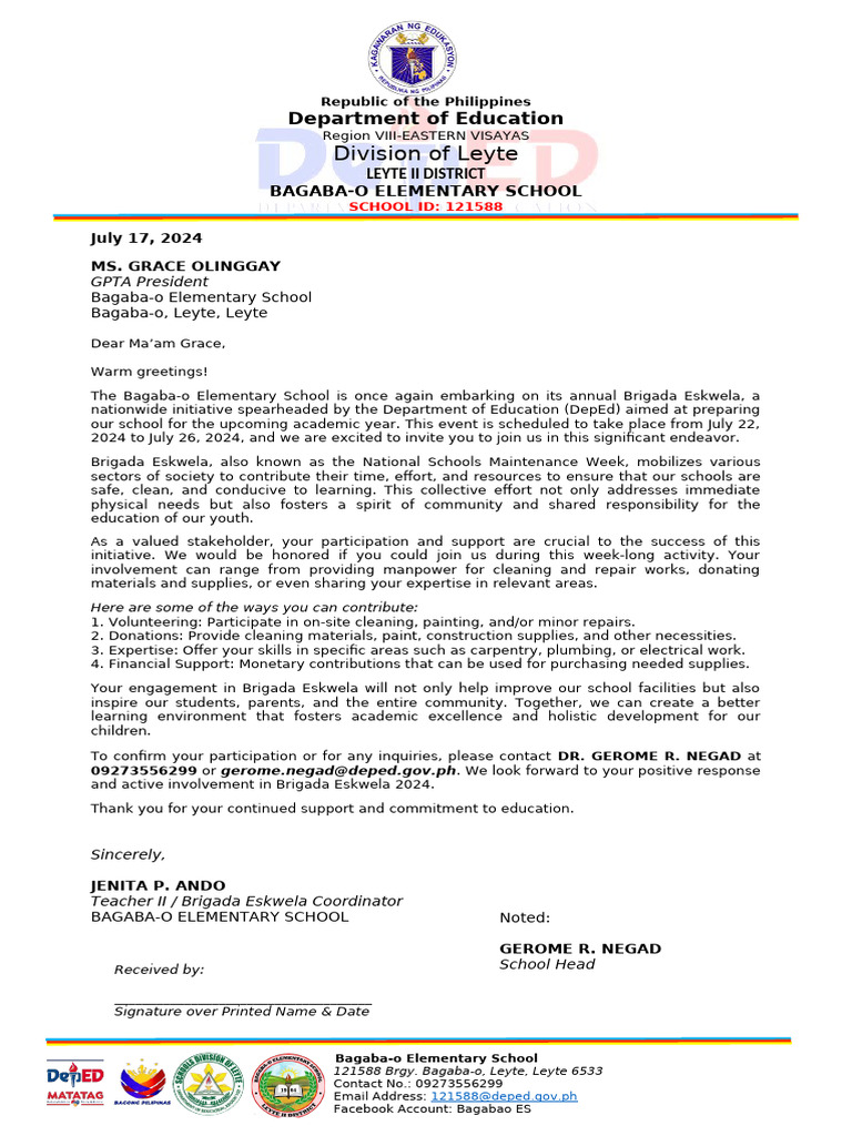 Brigada Eskwela 2024 Invitation Letter | PDF | Wellness