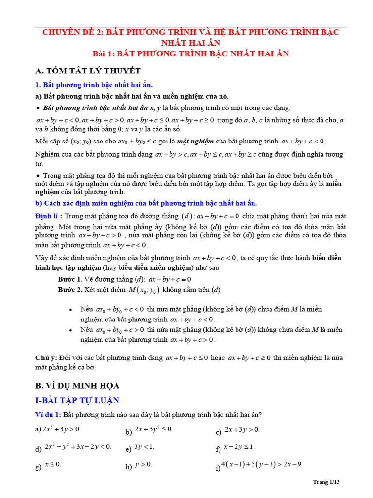 Phan Dang Va Bai Tap Bat Phuong Trinh Va He Bat Phuong Trinh Bac Nhat Hai An | PDF