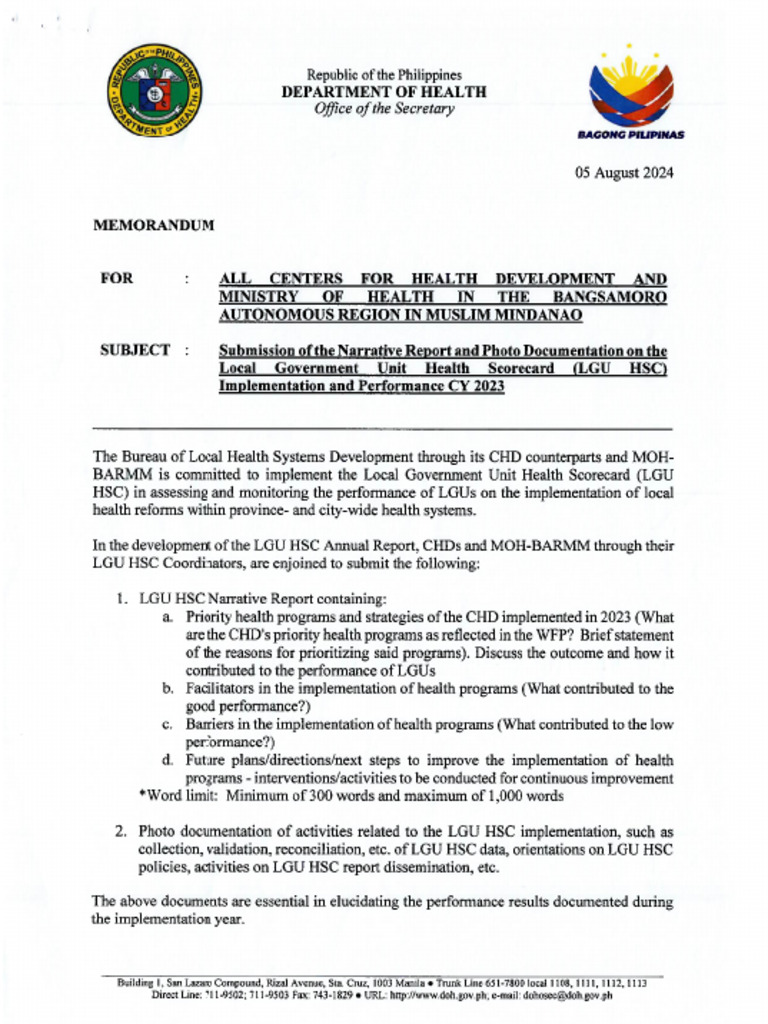 MEMO - Narrartive Report and Photo Doc - LGU HSC Annual Report | PDF
