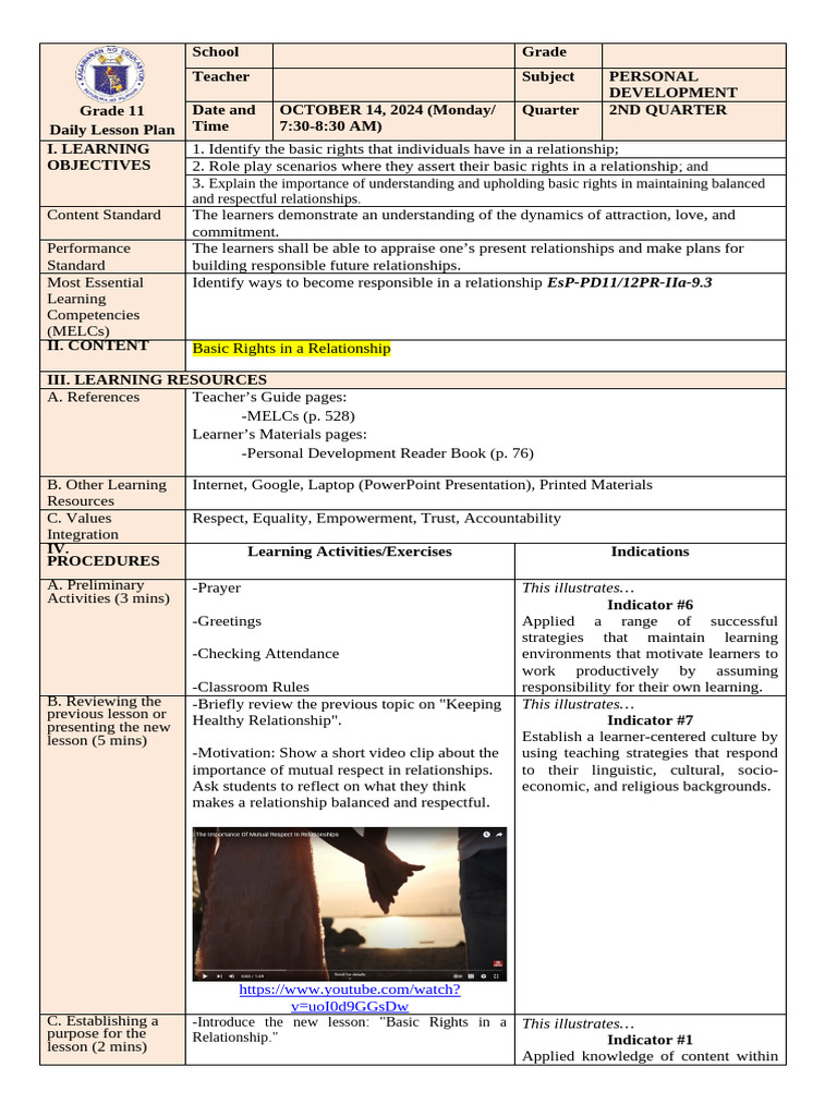 DLP - Perdev - 10-14-24 - Basic Rights | PDF | Learning | Feeling