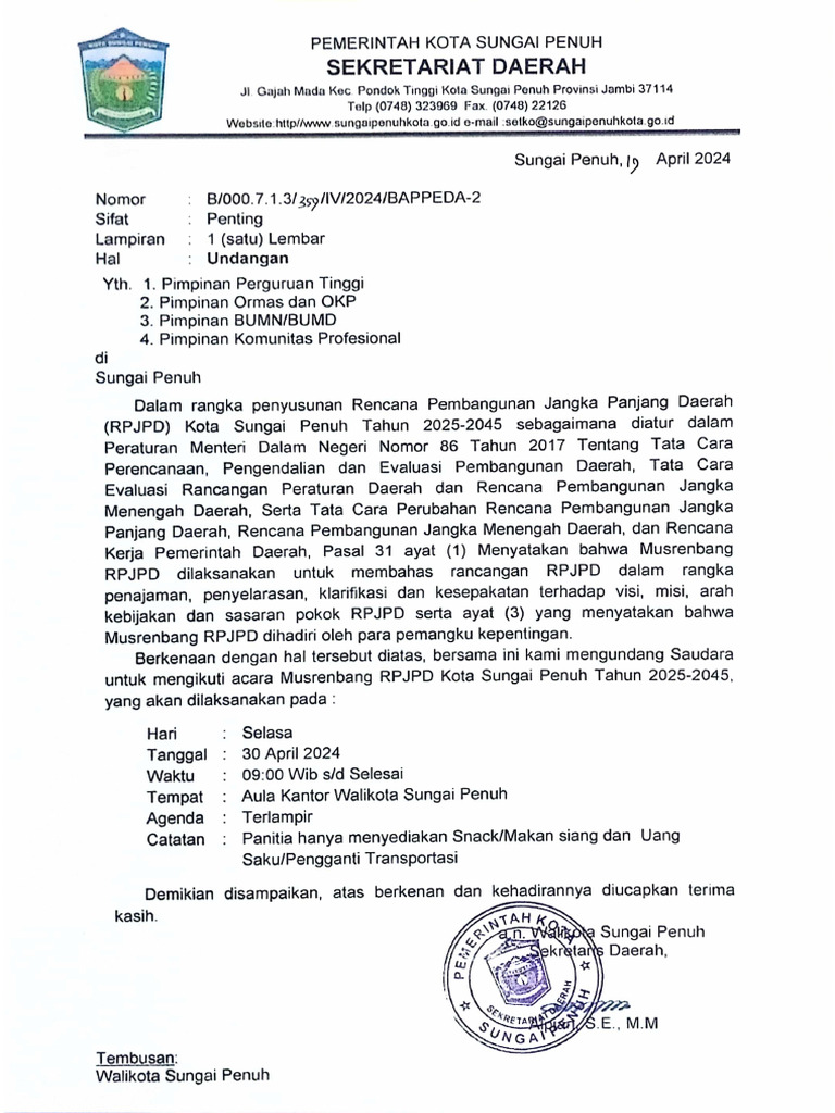 Surat Undangan Ormas Musrenbang RPJPD | PDF