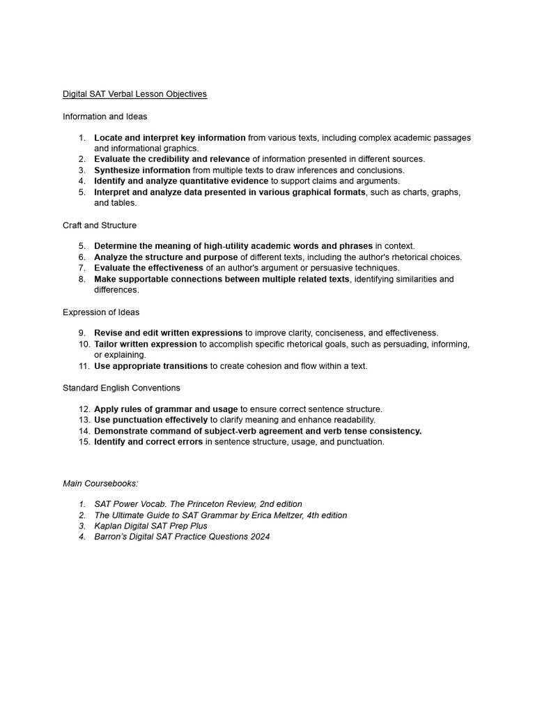Digital SAT Verbal Lesson Objectives | PDF | Career & Growth | Art