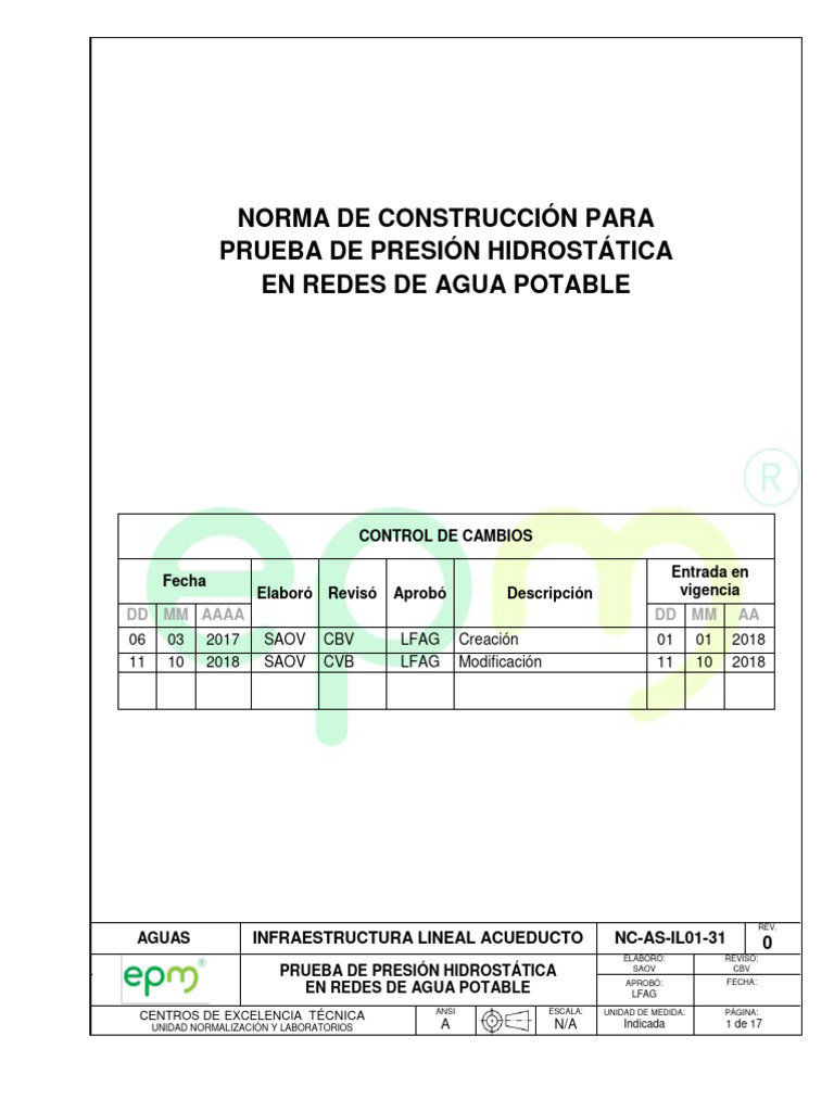 Prueba Hidrostática de Tubería - EPM | PDF | Tubería (transporte de fluidos) | Presión