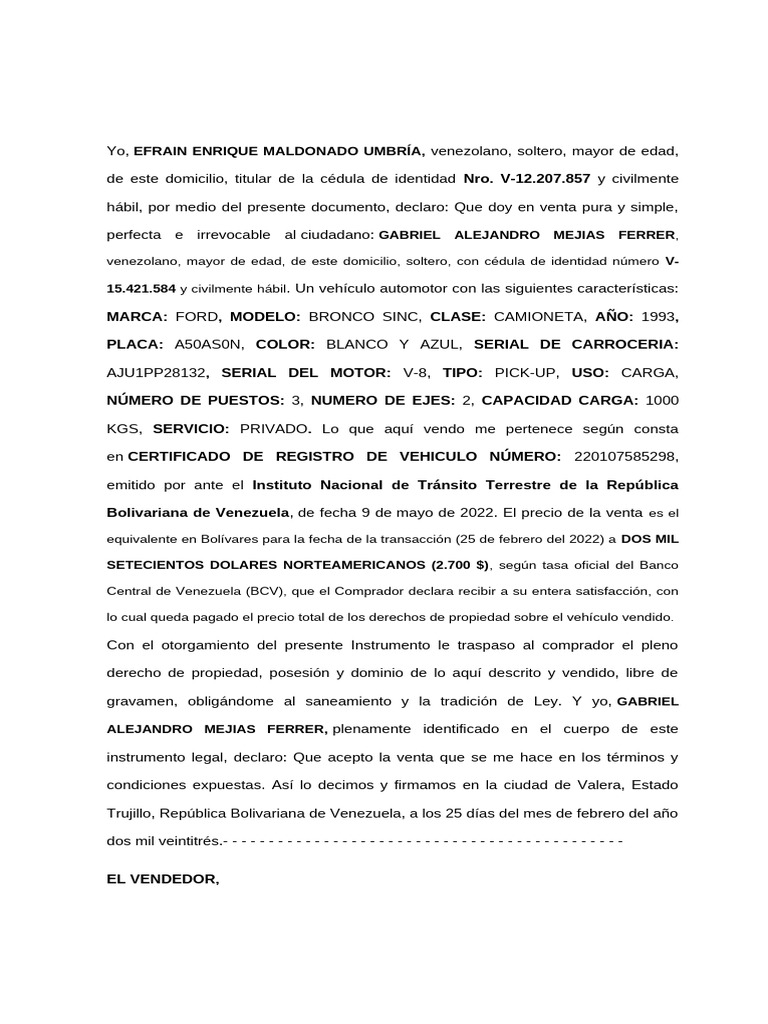 DOC. Compra Venta Camioneta Gaby en Valera | PDF