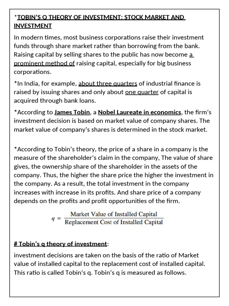 TOBIN's Q THEORY - FINAL | PDF | Investing | Stocks