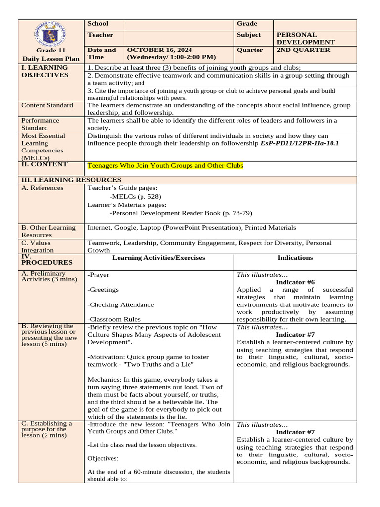 Grade 11 Personal Development Lesson Plan | PDF | Learning | Adolescence