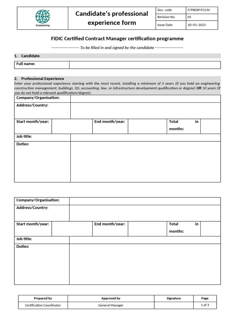 FCL Contract Manager Professional Experience Form | PDF | Professional ...