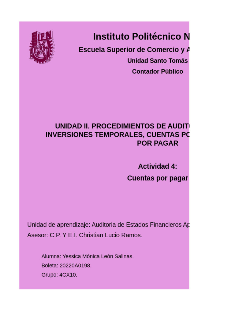 U2 ACT4 Cuentas Por Pagar León Salinas Yessica Mónica OKKK | PDF | Inversiones | Business