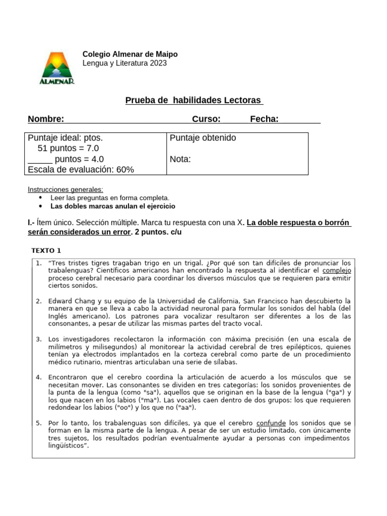 Prueba de Habilidades Lectoras 2023 | PDF | Virginidad | Epilepsia