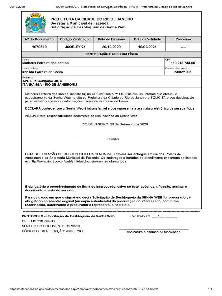 NOTA CARIOCA - Nota Fiscal de Serviços Eletrônica - NFS-e - Prefeitura ...