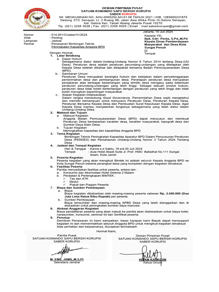 Penawaran Bimtek BPD Sungai Penuh | PDF