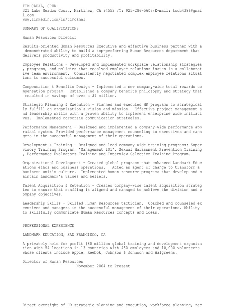 Director Human Resources or Senior HR Business Partner | PDF | Human ...