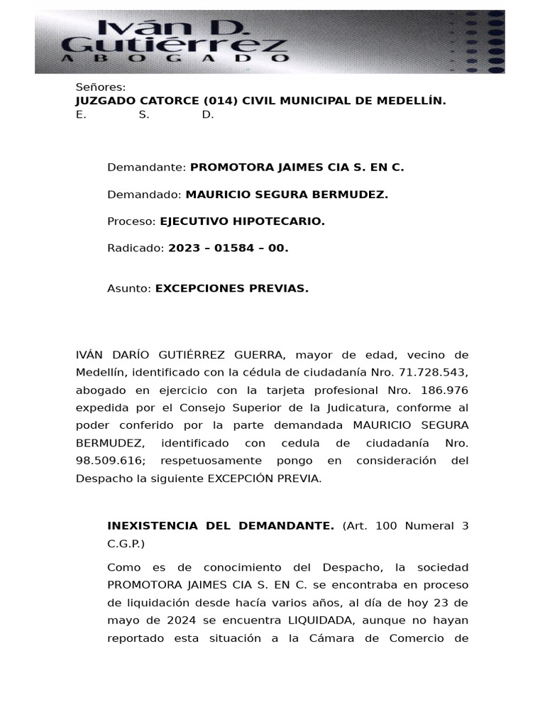 2023 - 01584 Excepciones Previas | PDF | Derecho