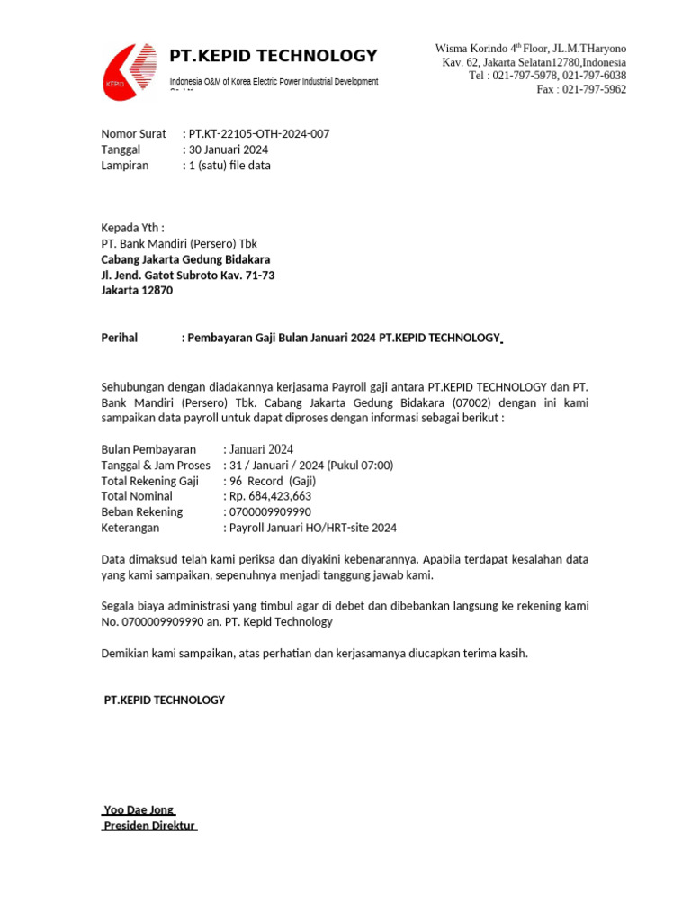 Template Nota Perintah Payroll Eksternal Nasabah Biaya Admin (New) Mandiri | PDF | Bisnis ...