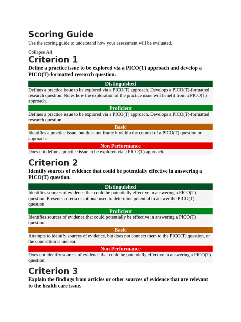 PICO (T) Questions and An Evidence-Based Approach Scoring Guide | PDF ... PICO (T) Questions and An Evidence-Based Approach Scoring Guide | PDF ...