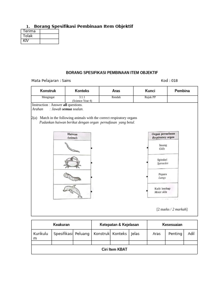 Borang Spesifikasi Pembinaan Item Objektif | PDF